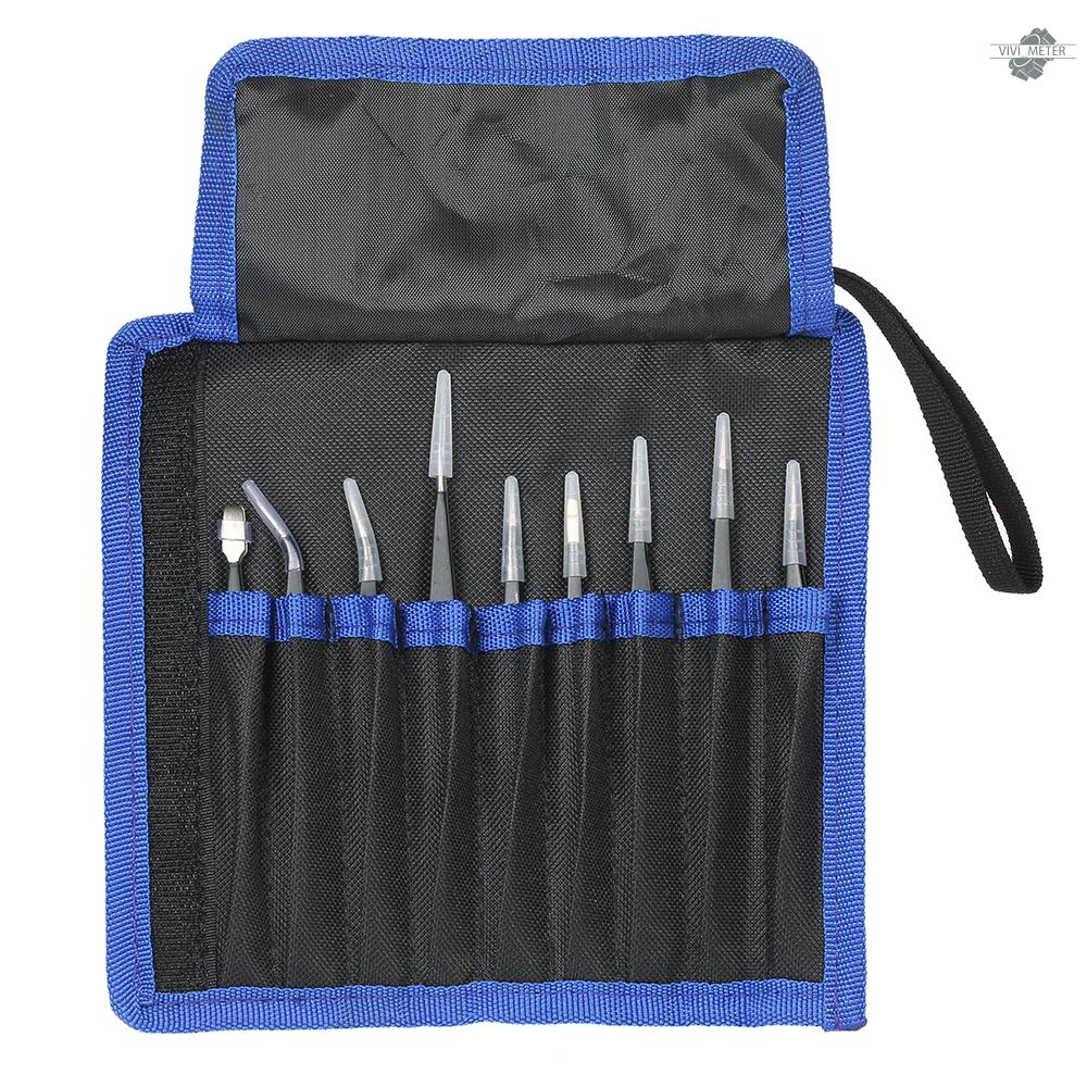 9PCS ESD Tweezers Tools Kit Precision Anti-static Black Fine Tip Curved ...