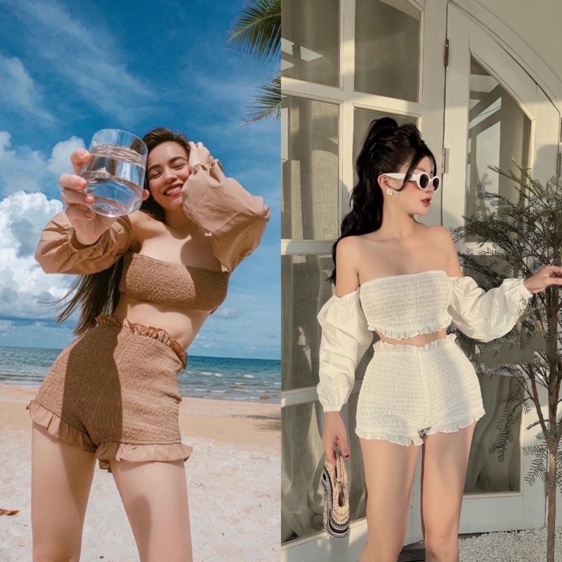 Teera️พร้อมส่งSetเปิดไหล่สม็อคแขนพอง ทรงน่ารัก ผ้าไหมอิตาลี่ พริ้วสวย - teera.studio - ThaiPick