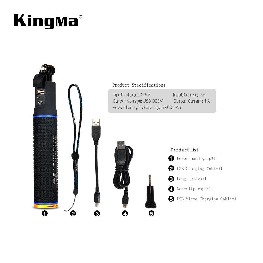 KingMa 5200mAH Power Bank Selfie Stick Handle Grip For GoPro Hero 4/3/3 ...