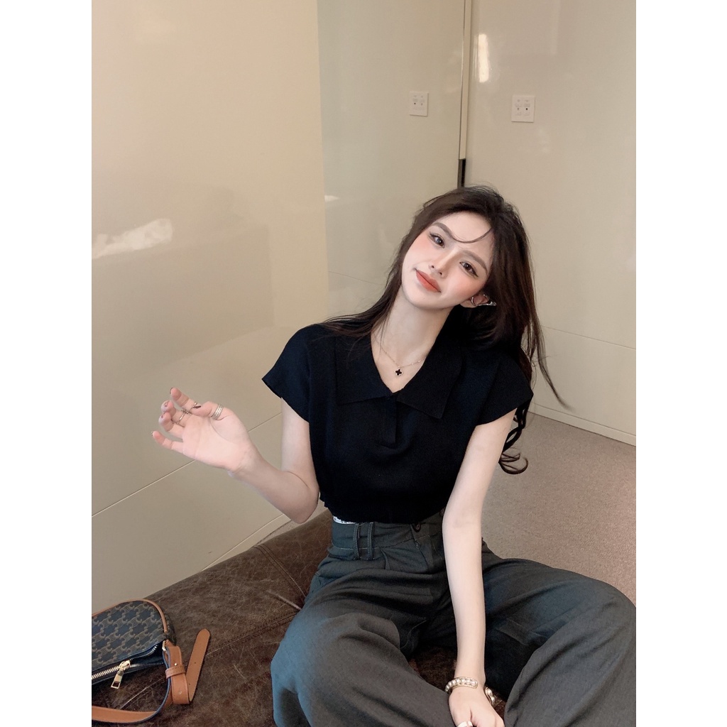 Honey เสื้อครอปไหมพรม แขนกุดคอปกหน้าวี (K282) - honey.closet - ThaiPick