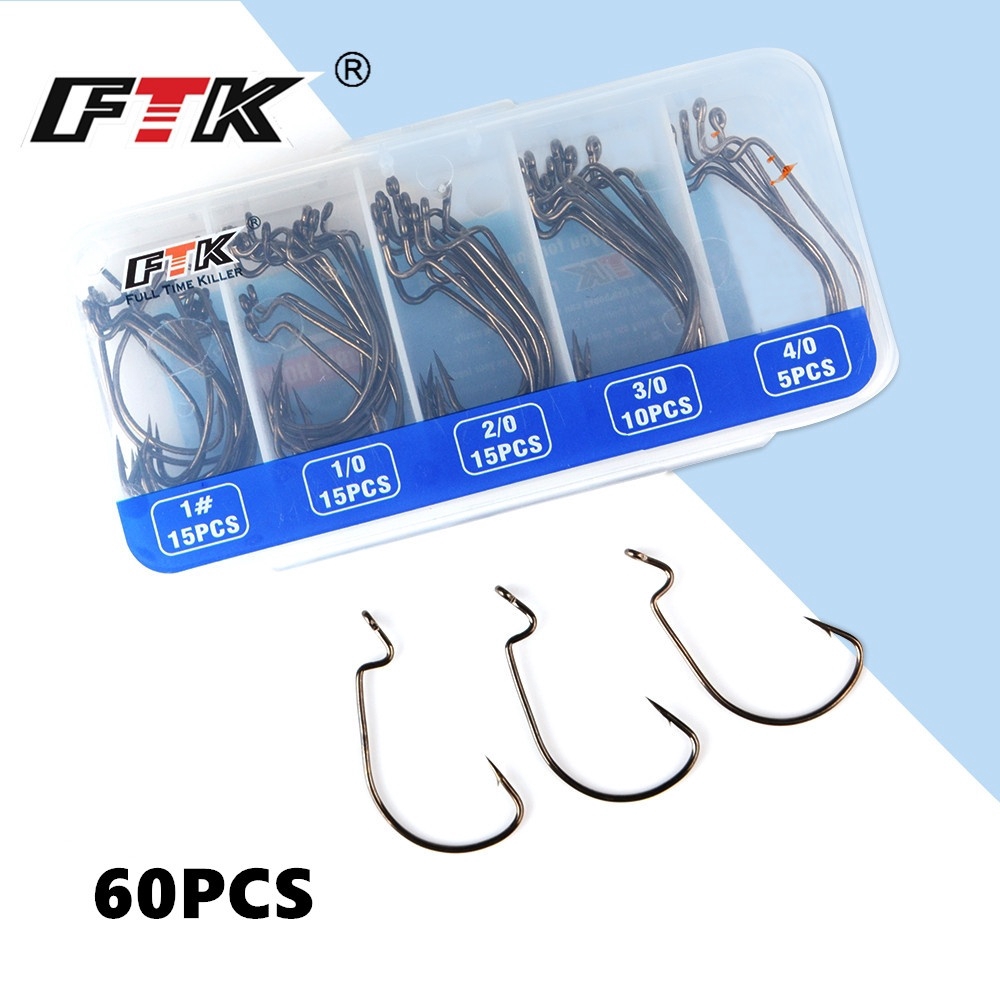 FTK 60Pcs Fishing Soft Worm Offset Hooks High Carbon Steel Lock ...