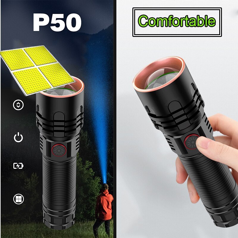 Super Bright P50 LED Flashlight Zoom Flashlight USB Chargeable Torch T6 LED Waterproof ...