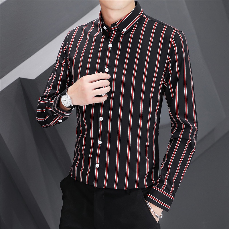 เสื้อเชิ้ตแขนยาว ลายทาง สีดํา ขาว แดง สไตล์เกาหลี ธุรกิจ สําหรับผู้ชาย M - 4 XL - slx117.th ...