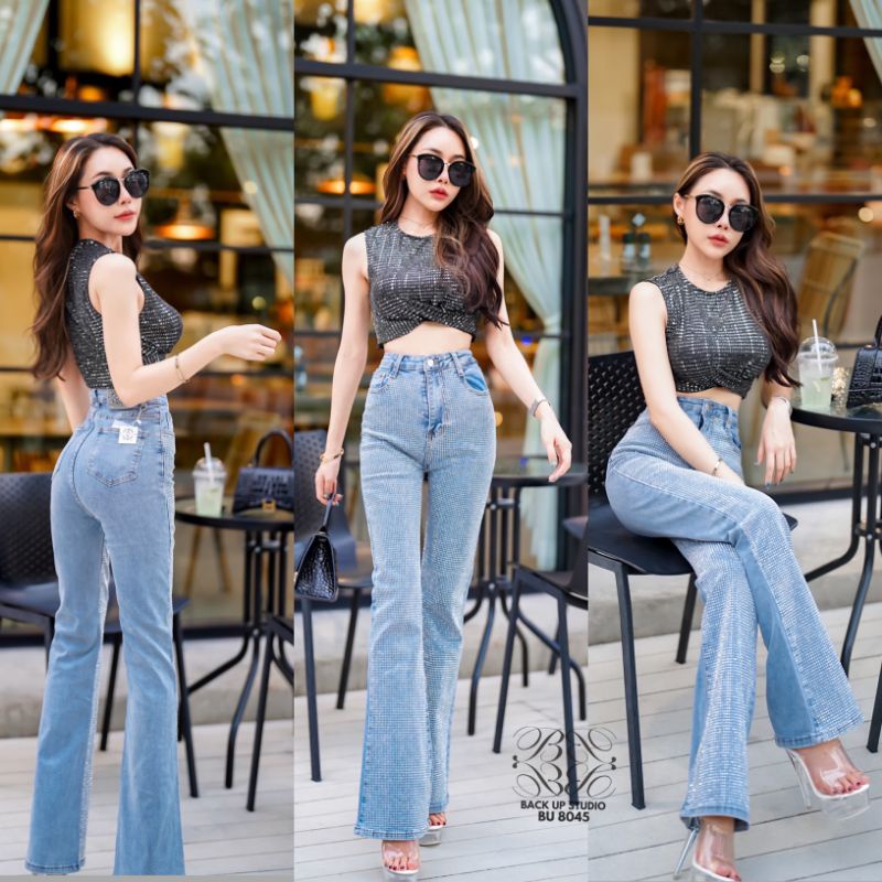 8045(ผ้ายืด)ติดเลื่อมด้านหน้าสวยงามรายละเอียดเพิ่มเติมด้านล่างต่อเลยค่ะ - yuk_jeans - ThaiPick