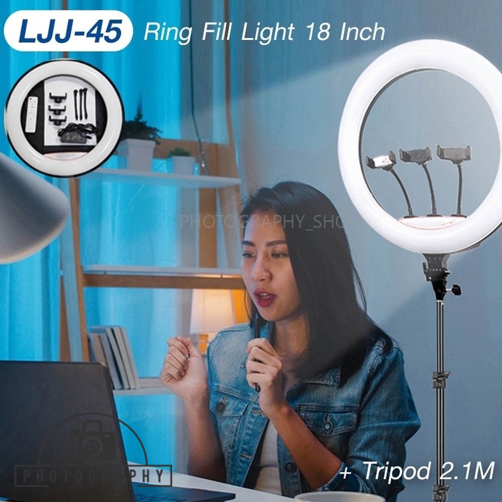 ไฟไลฟ์สด ไฟถ่ายรูป LED RING LIGHT SET 18 INCH LJJ-45 ปรับ อุณหภูมิสีได้ มาพร้อมขาตั้ง 2.1M ...