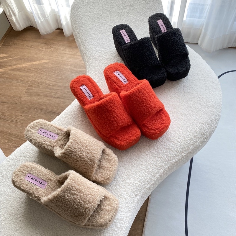 FLAT2112 FS0005 FLUFFY TEDDY SLIDES รองเท้าขนปุกปุยนุ่ม ส้นตึก ของแท้ ...
