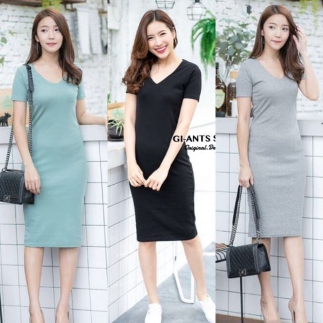 พร้อมจัดส่ง GIANTS เดรสคอวีแขนสั้นตัวยาว ผ้าร่อง งานสวย D05 - jiraporn.jubjang - ThaiPick