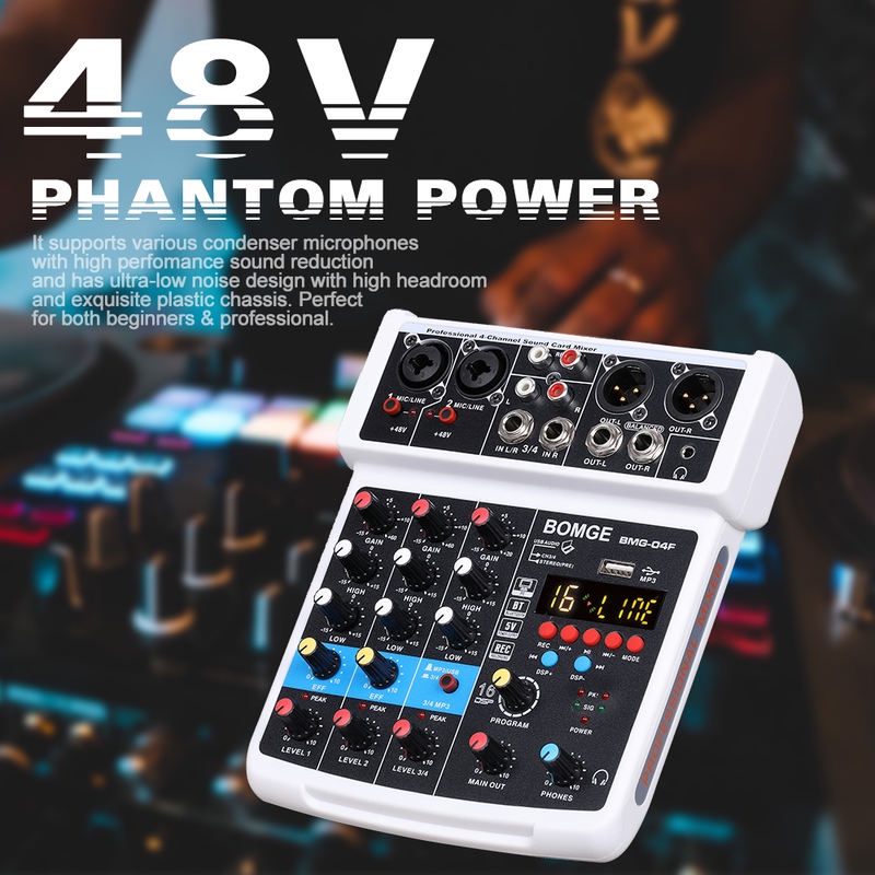 BOMGE-04F 4 channel dj audio sound mixer with MP3/USB Bluetooth, /stereo record/48V /16 DSP Echo ...