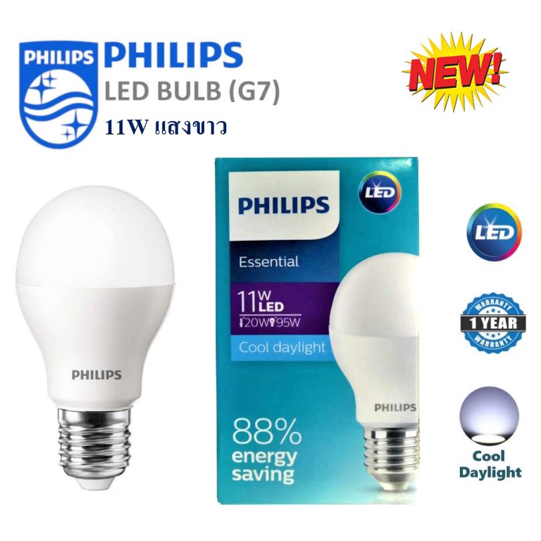 Philips หลอดไฟ LED Bulb 11W Essential Cool Daylight แสงขาวเดย์ไลท์ ขั้ว ...