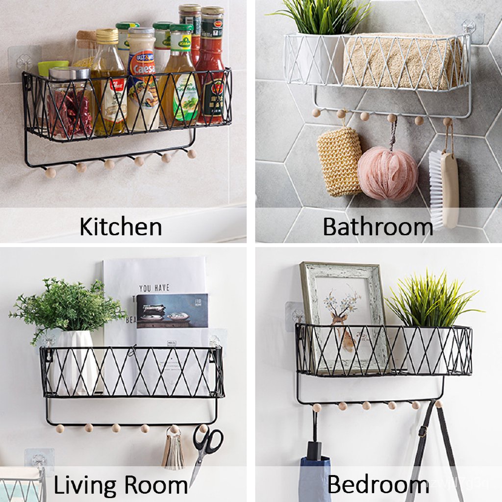 Retro Metal Wire Wood Wall Shelf Rack Hook Storage Home Decor Vintage ...