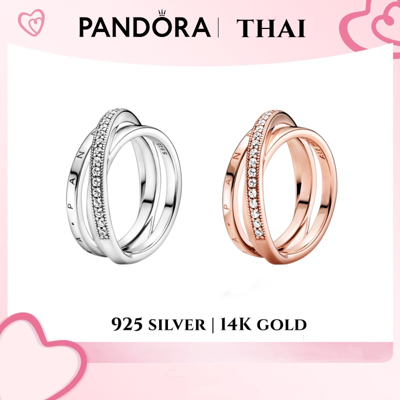 ส่งจากกรุงเทพPandora แหวน เงิน925 14k แหวนเพชร แหวนแฟชั่น Pavé Interlacing Three-Ring ...