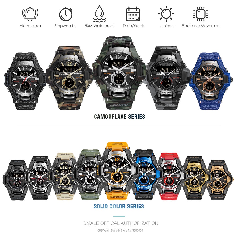SMAEL Dual Time Army Sport Watch for Men Luminous Waterproof Quart ...