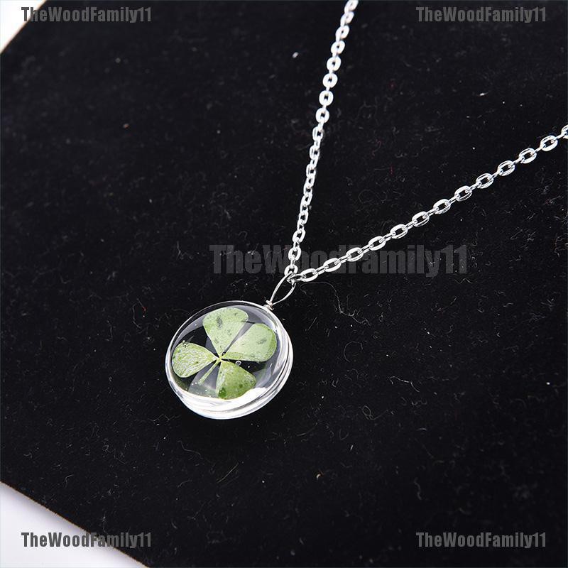 「THF」Real Green Lucky Shamrock Four Leaf Clover Round Pendant Necklace ...