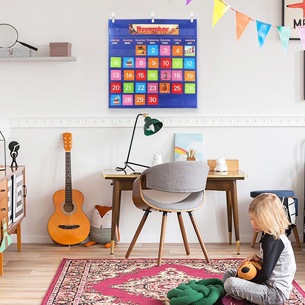 S- Blue Monthly Calendar Chart Nylon Learning Calendar Pocket ...