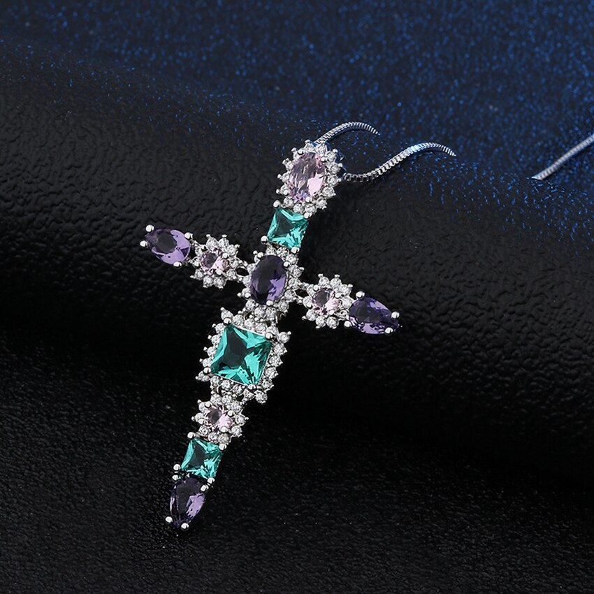 Delicate Colorful Big Pendant Necklace Chain Cross AAA Cubic Zirconia ...