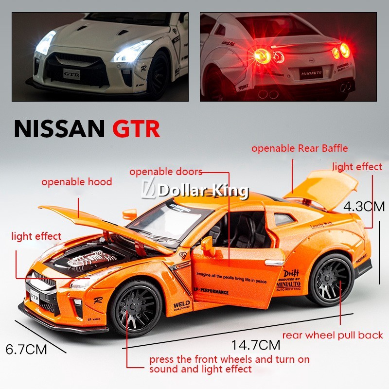 132 AMG Nissan GTR Diecast Vehicle Model Toy Cars Pull Back Car with Sound Light Gift Collection ...
