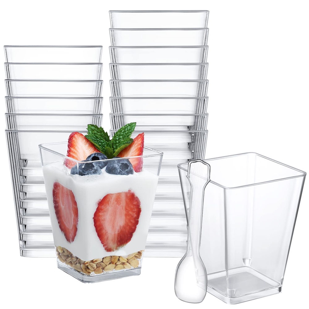 40pcs Appetizer Dessert Cups with Spoons Square Plastic for Birthday ...