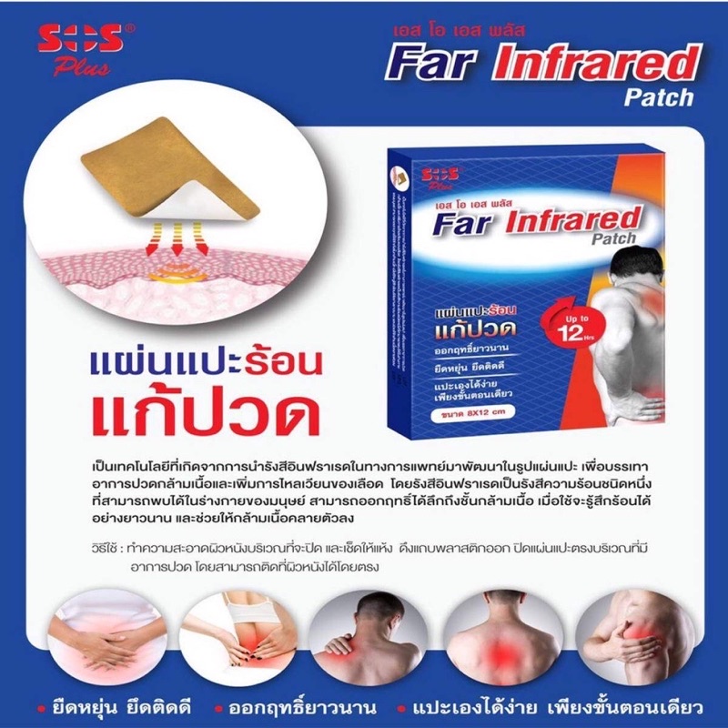 แผ่นแปะแก้ปวด SOS Plus Far Infrared Patch แผ่นแปะร้อน 4 ซอง8แผ่น 8x12 ...