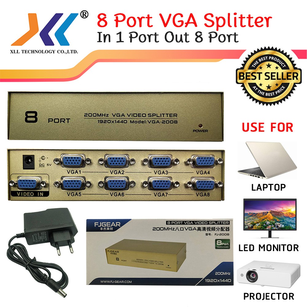 VGA Splitter Box 1 in 8 outกล่องสัญญาณภาพ VGA 8 portสำหรับคอมพิวเตอร์ 1 ...