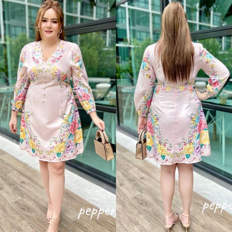 เดรสสาวอวบ (ไซส์ 3XL-6XL) เดรสผ้าพิมพ์ลายดอก แต่งกระดุมมุก งานสวยดูหรูนางแบบใส่งานจริง ...