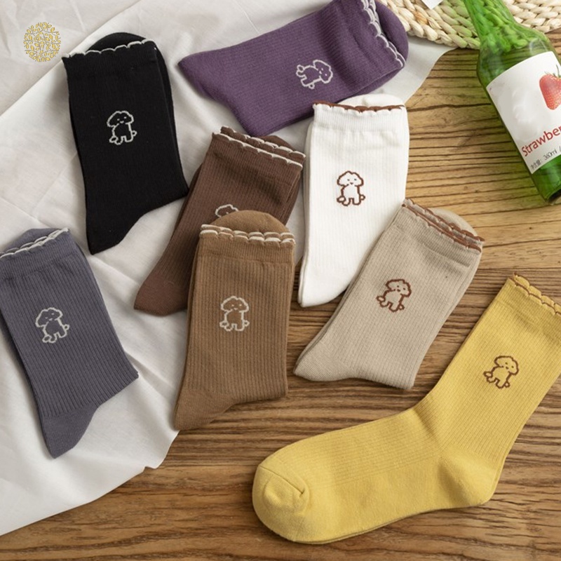 ถุงเท้าผ้าฝ้ายถัก ลายสุนัขน่ารัก สีพื้น สําหรับผู้หญิง 1 แพ็ก OUYOU ...