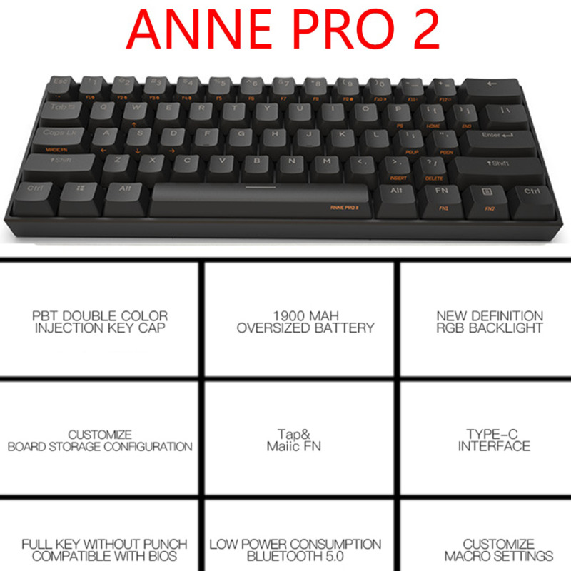 Anne Pro 2 Pro2 60% 61 Keys NKRO Bluetooth 5.0 Type-C RGB Mechanical ...