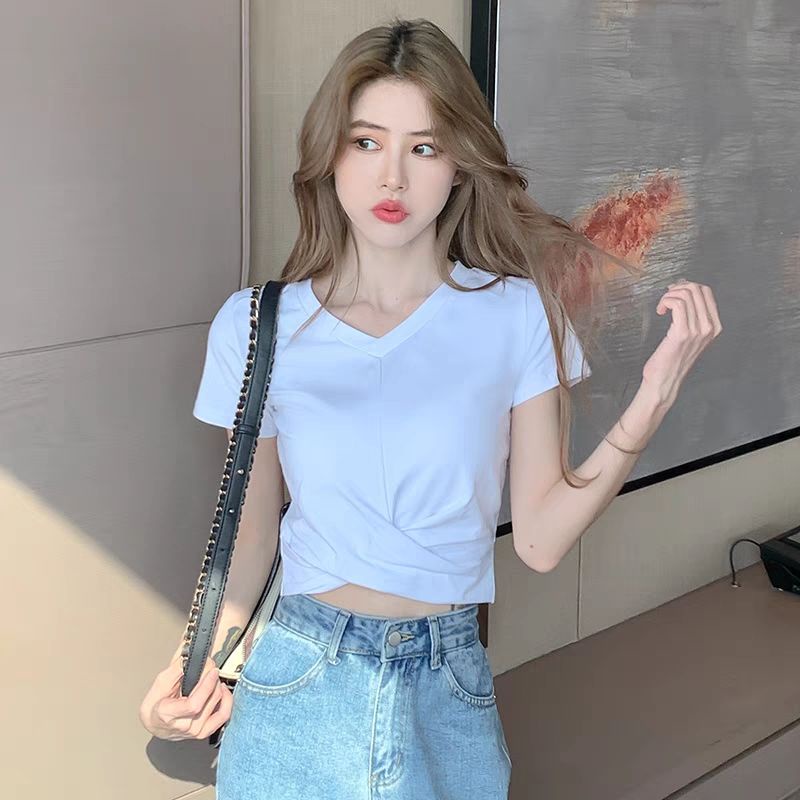 Yigui เสื้อยืดแขนสั้น เอวสูง เข้ารูป เข้ากับทุกการแต่งกาย แฟชั่นฤดูร้อน ...