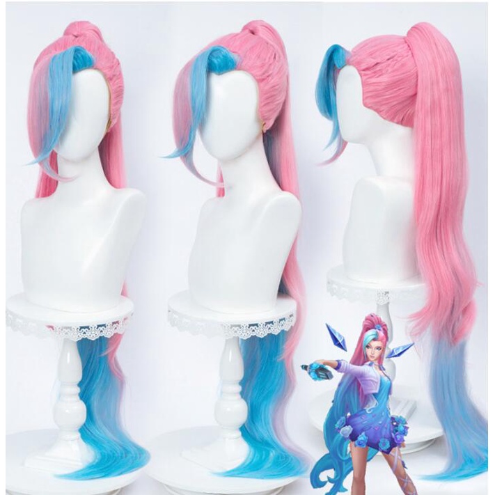 Game KDA Seraphine Superstar Cosplay Wig Pink Blue Long Hair for Women ...