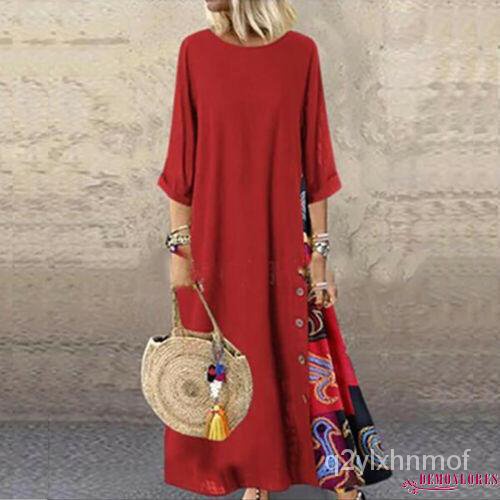 DEM☞Women´s Boho Floral Long Sleeve Retro Baggy Casual Cotton Linen ...