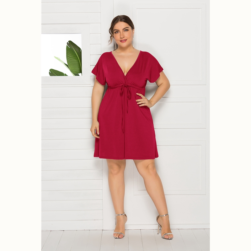 M-4XL Big Size Dress Short Sleeve Pure Color V Neck Front Tie Plus Size ...