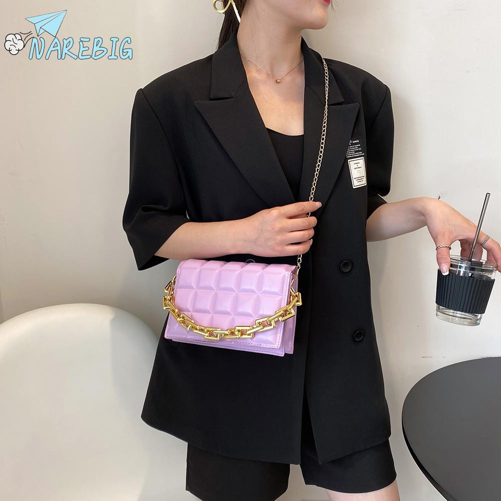 READY√Fashion Women Checker Pattern PU Messenger Bag Casual Thick Chain ...