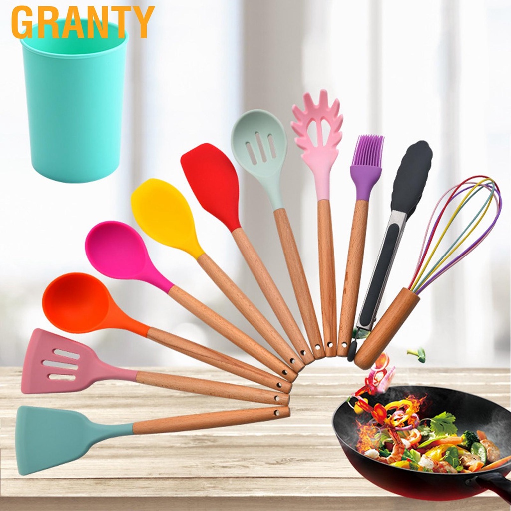 Granty 12pcs Cooking Utensils Set Silicone Colorful Wood Handle Kitchen ...
