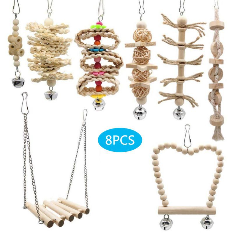 Key 8 Pcsset Bird Parrot Swing Chew Toys Natural Wood Hanging Bell ...