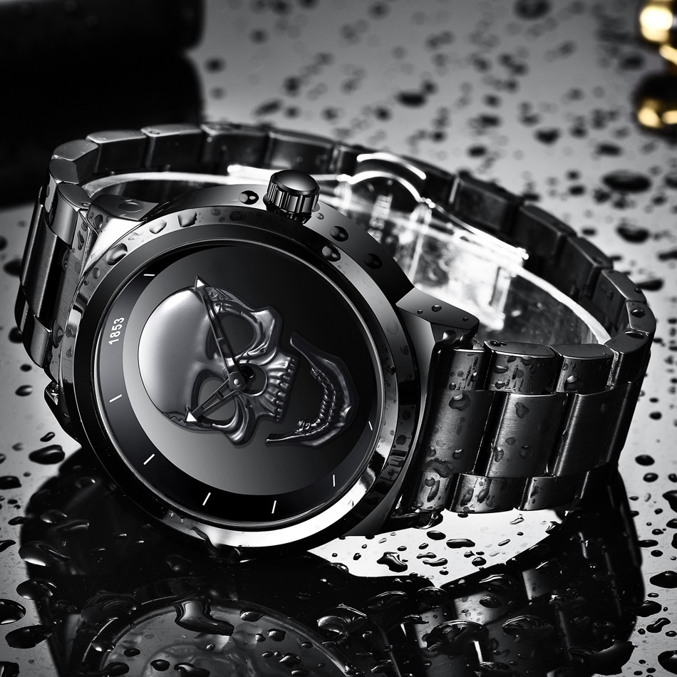 LIGE Cool Skeleton Skull Watch Men Full Stainless Steel Waterproof ...