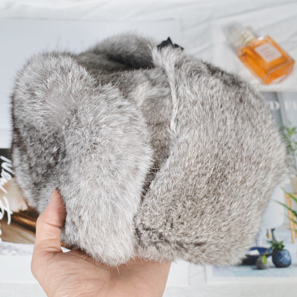 Handmade Men Winter Real Rabbit Fur Bomber Hat Outdoor Super Warm 100% ...