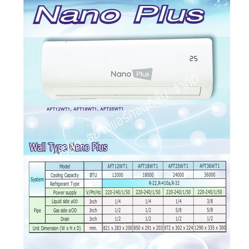 แฟนคอยล์แอร์ ยี่ห้อ NanoPlus 9000-24000BTU รองรับทุกน้ำยา R32 410 R22 เบอร์ 5 รีโมทไร้สาย ทำงาน ...