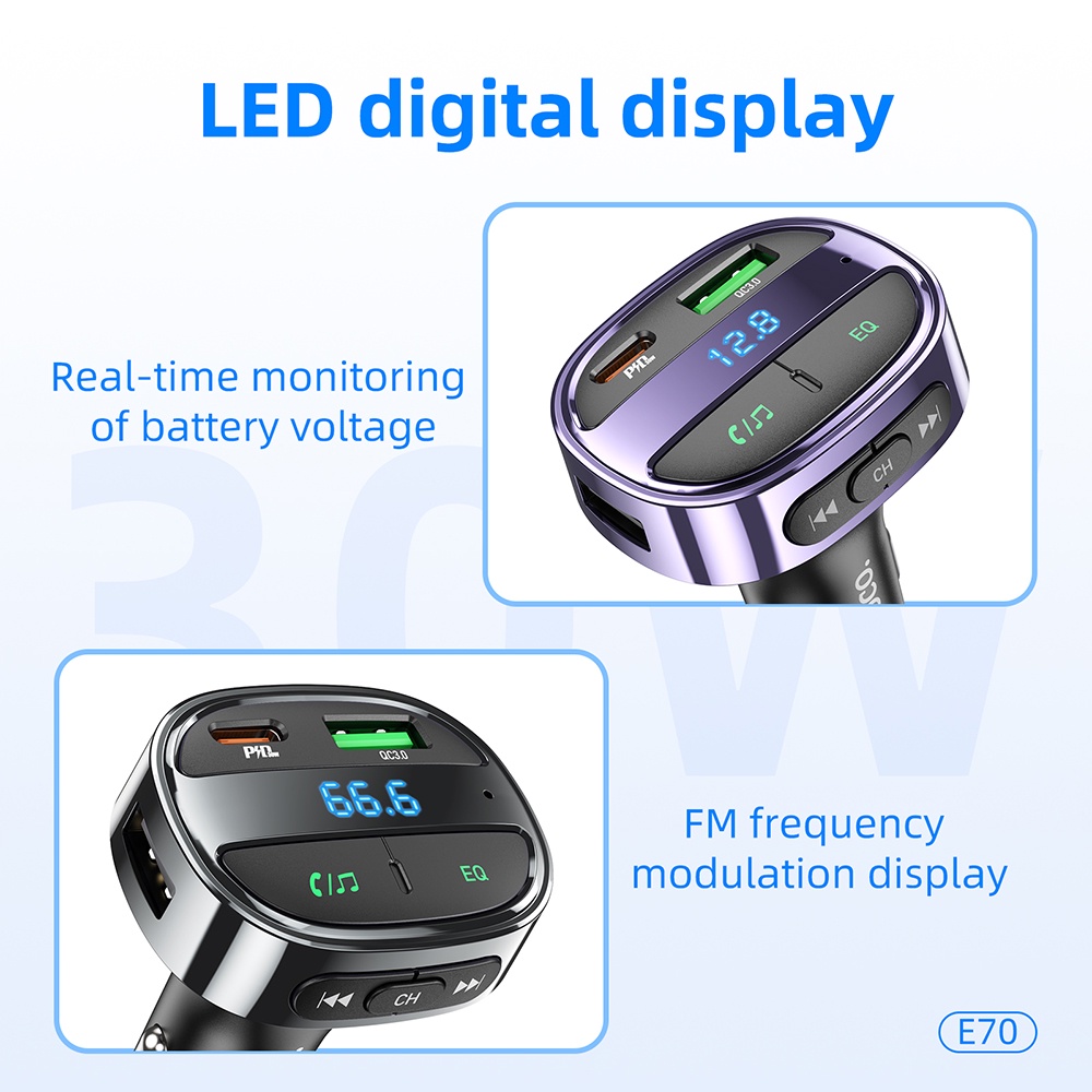 HOCO 30W PD USB Car Charger QC4.0 QC3.0 fast Charge LED Display FM ...