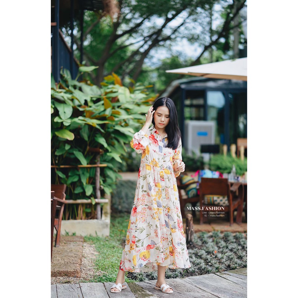 MASS Fashion เดรสยาวแขนยาว ลายดอก ซับแยก Dress - Flower Colorful Dress ...