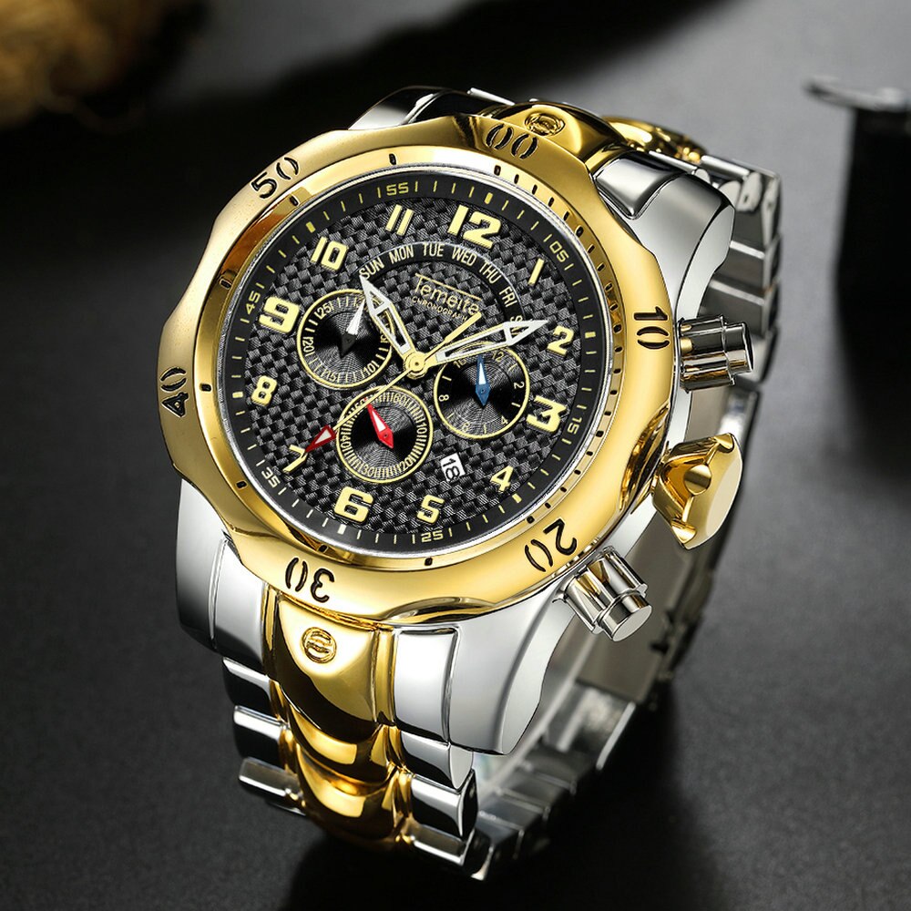 TEMEITE Big Watch Men Stainless Steel Strap 3 Dial 6 Hands Fashion ...