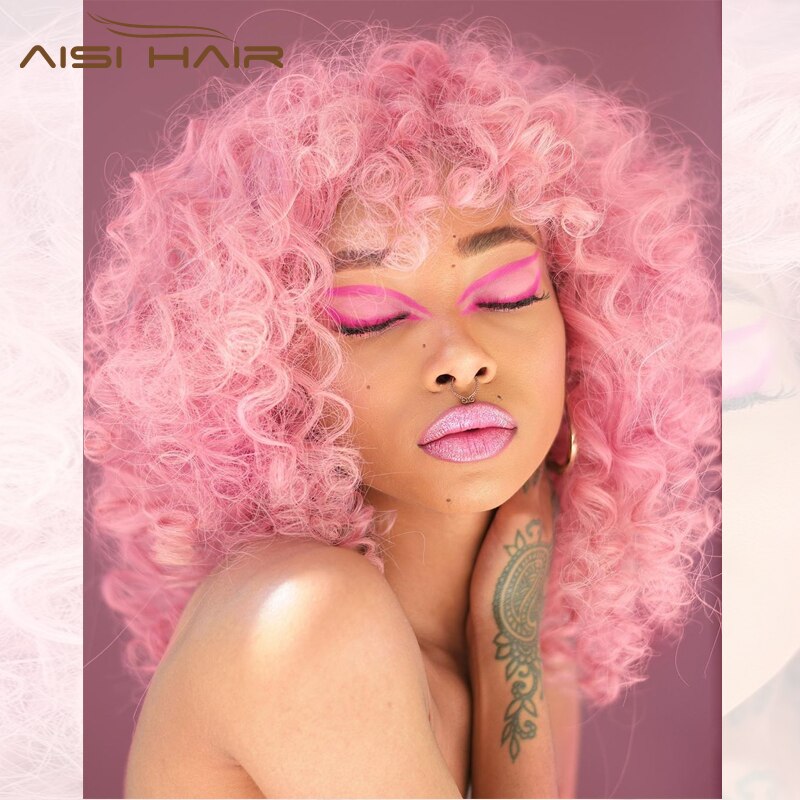 AISI HAIR 14inches Afro kinky Curly Wig Ombre Black Pink Wig With Bangs ...