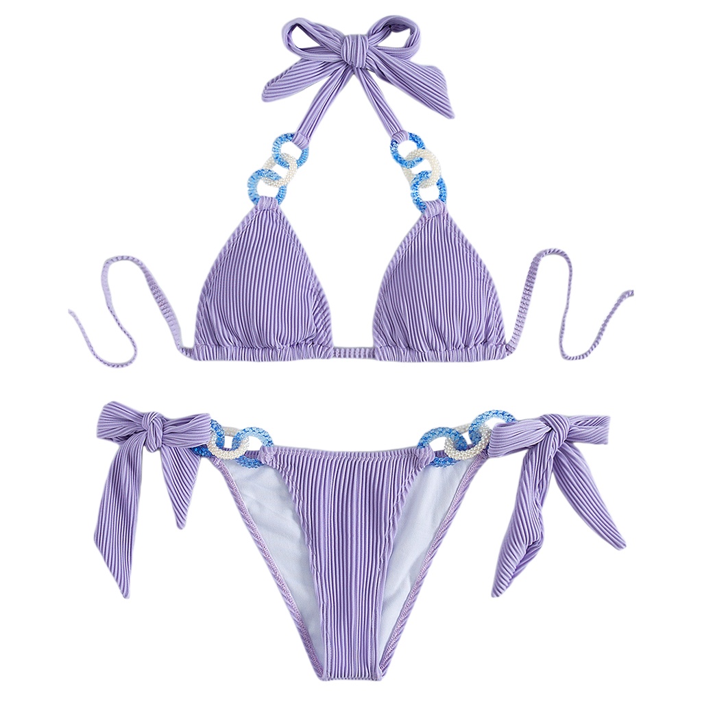 Women Bikini Sets Solid Color Vertical Stripe Round Rings Decor Halter ...