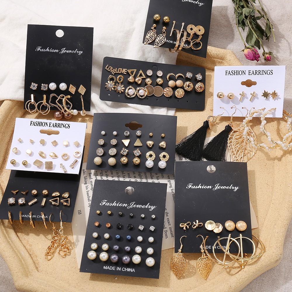 Fashion Minimalist Mixed Small Earrings Set Simple Geometric Rhinestone ...