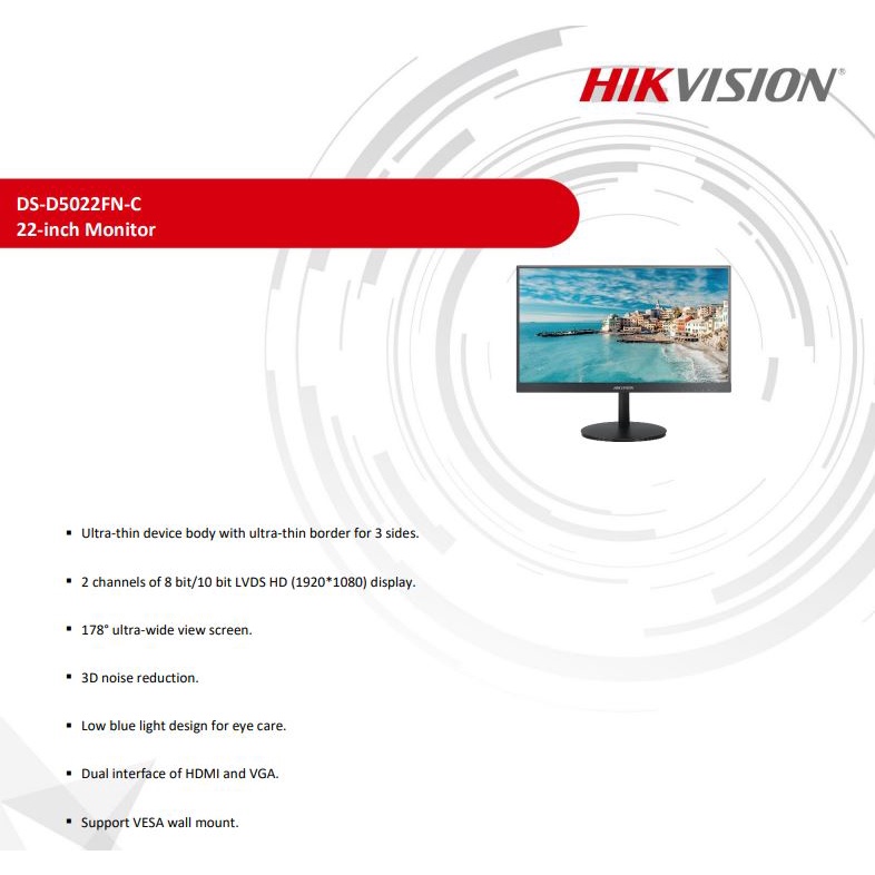 Hikvision MONITOR Full HD Borderless (จอคอมมอนิเตอร์) รุ่น DS-D5022FN-C ...
