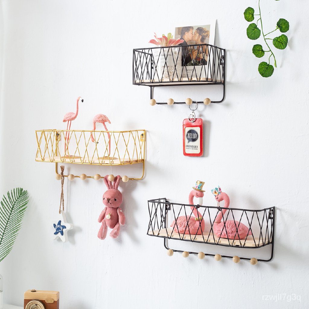 Retro Metal Wire Wood Wall Shelf Rack Hook Storage Home Decor Vintage ...