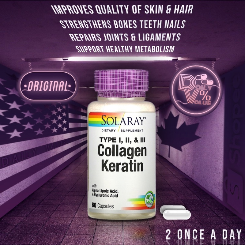 เคลาตินคอลลาเจน Collagen Type I II III Keratin 60 Caps by Solaray ...