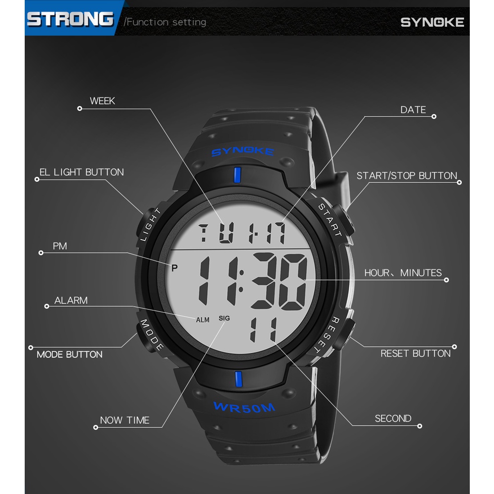 SYNOKE นาฬิกาผู้ชายโครโนกราฟนับถอยหลังกันน้ำ LED ดิจิตอลนาฬิกา ...