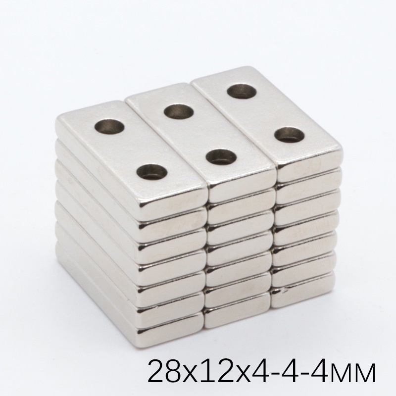 แม่เหล็กแรงสูง นีโอไดเมียม สี่เหลี่ยมมีรู ขนาด 28x12x4-4-4 มิล 1ชิ้น ...