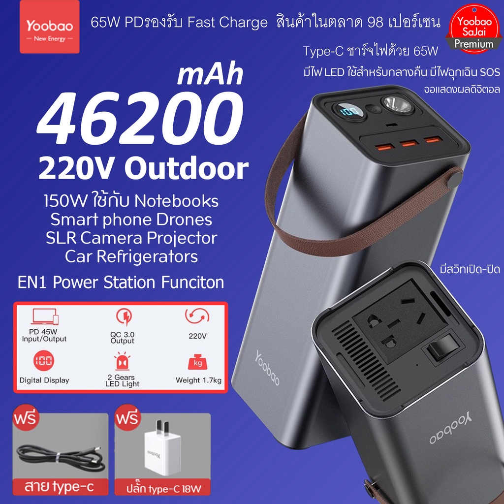 Yoobao EN1 PD65W (ฟรีสายฟาสชาร์จType-CAdapterType-C 20W) 46200 mAh ...