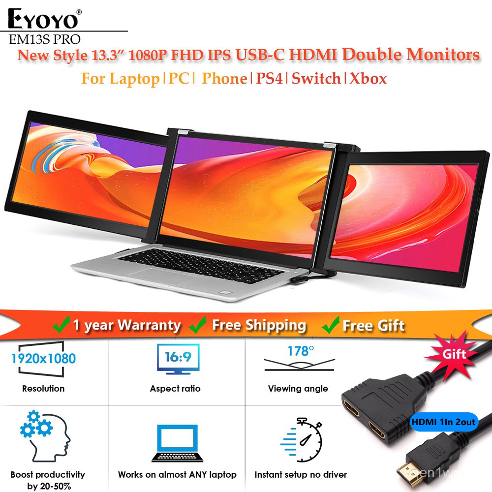 Eyoyo Dual Portable IPS Monitor 13.3" 1920x1080 USB-C HDMI Gaming ...