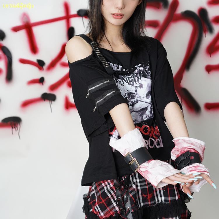 จัดส่งทันทีแขนที่ถอดออกได้ 201SS พังค์ผิดปกติกะโหลกสีดำข้ามเสื้อยืดที่ ...